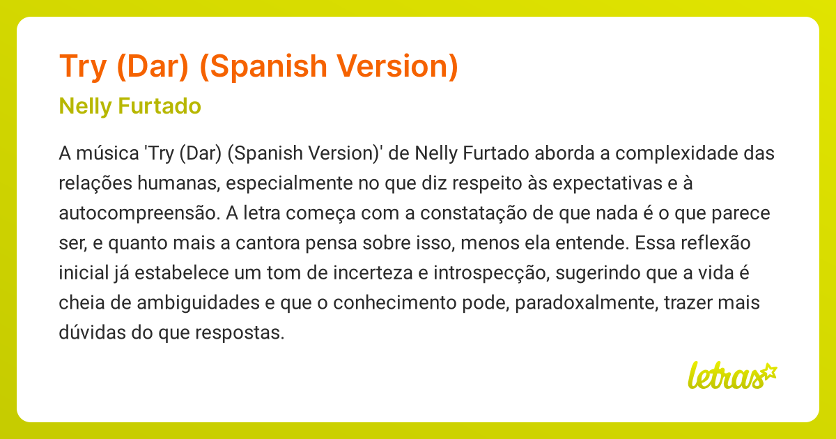 Significado da música TRY (DAR) (SPANISH VERSION) (Nelly Furtado ...