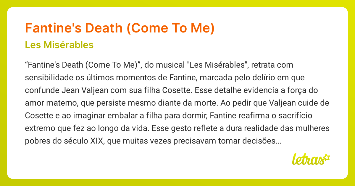Significado da música FANTINE'S DEATH (COME TO ME) (Les Misérables ...