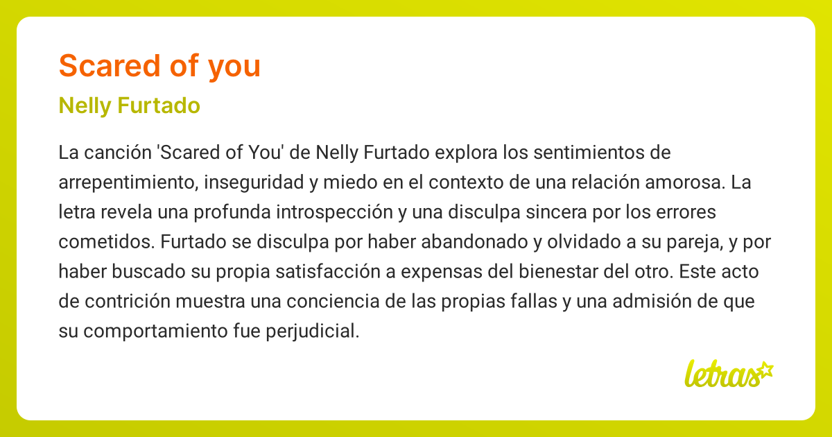 Significado de la canción SCARED OF YOU (Nelly Furtado) - LETRAS.COM