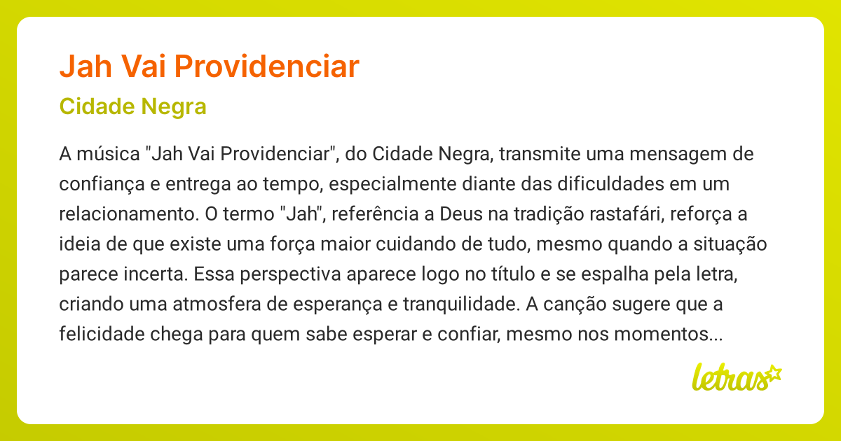 Significado da música JAH VAI PROVIDENCIAR (Cidade Negra) - LETRAS.MUS.BR