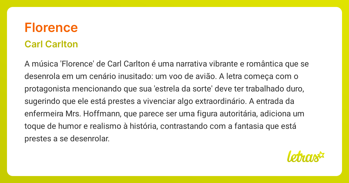 Significado da música FLORENCE (Carl Carlton) - LETRAS.MUS.BR
