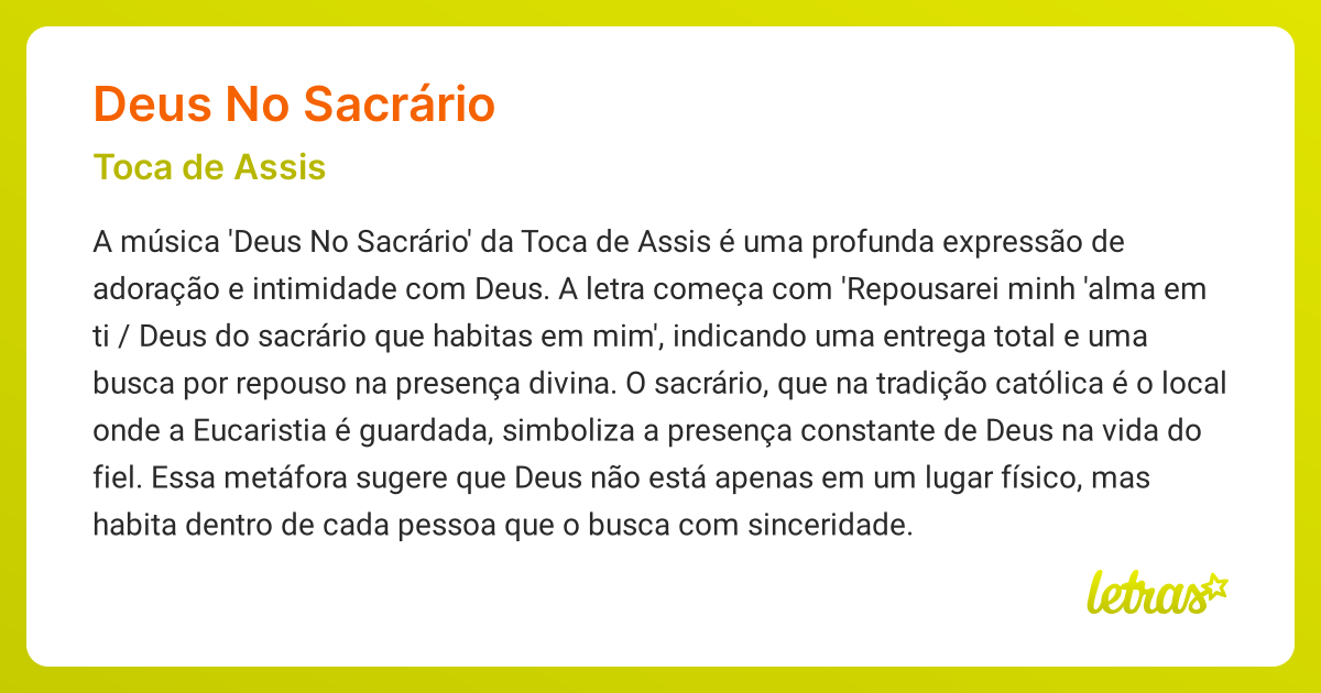 Significado da música DEUS NO SACRÁRIO (Toca de Assis) - LETRAS.MUS.BR