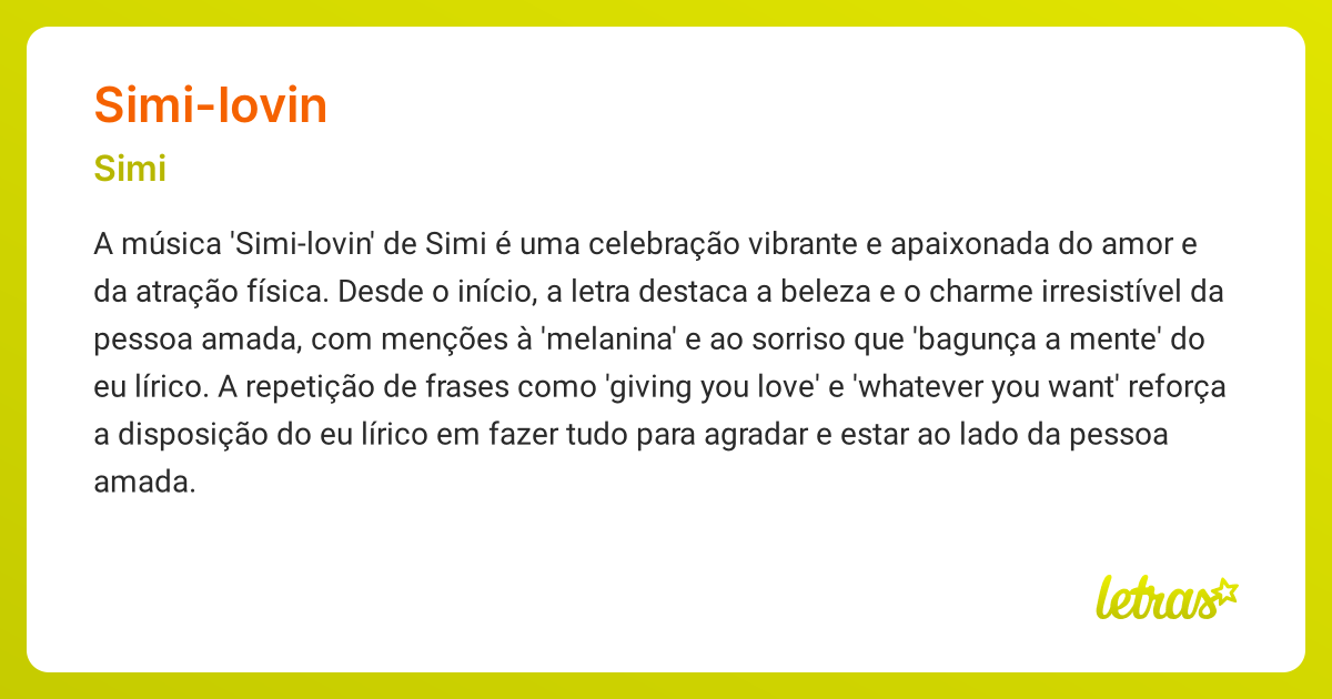 Significado da música SIMI-LOVIN (Simi) - LETRAS.MUS.BR