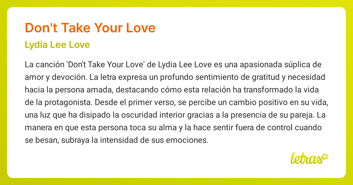 Significado de la canción DON'T TAKE YOUR LOVE (Lydia Lee Love ...