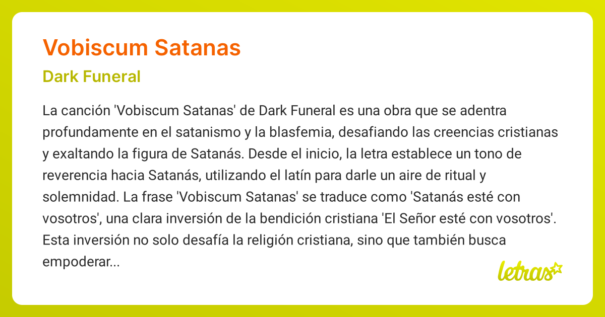 Significado de la canción VOBISCUM SATANAS (Dark Funeral) - LETRAS.COM