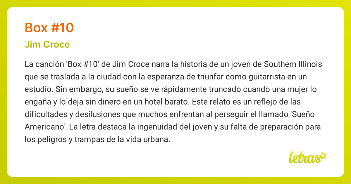 Significado de la canción BOX #10 (Jim Croce) - LETRAS.COM