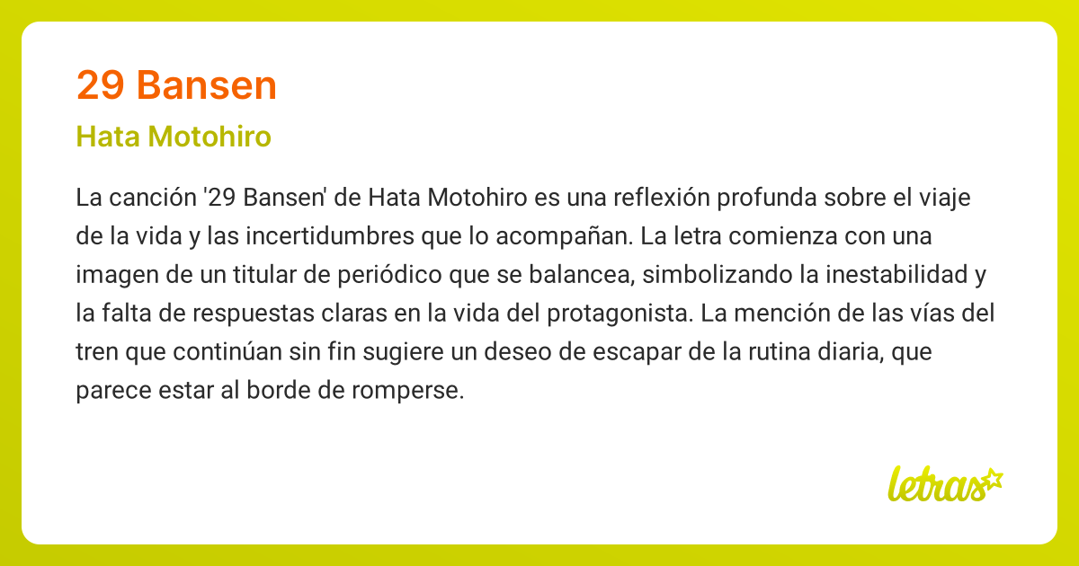 Significado de la canción 29 BANSEN (Hata Motohiro) - LETRAS.COM