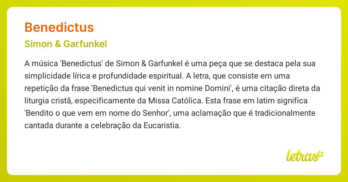 Significado da música BENEDICTUS (Simon & Garfunkel) - LETRAS.MUS.BR