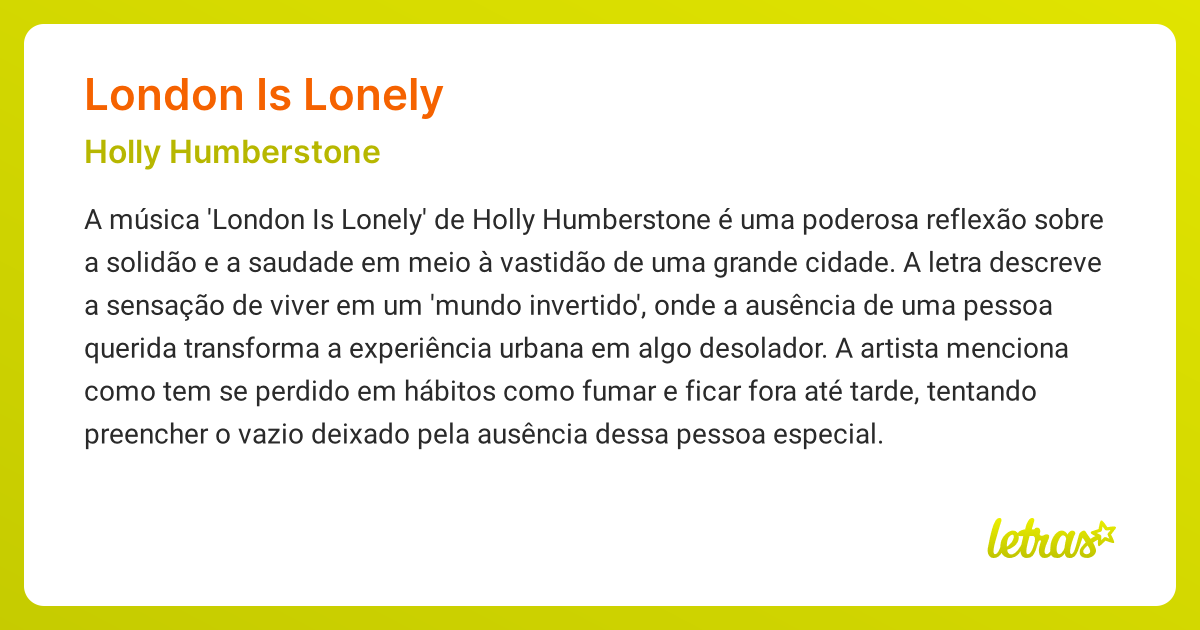 Significado da música LONDON IS LONELY (Holly Humberstone) - LETRAS.MUS.BR