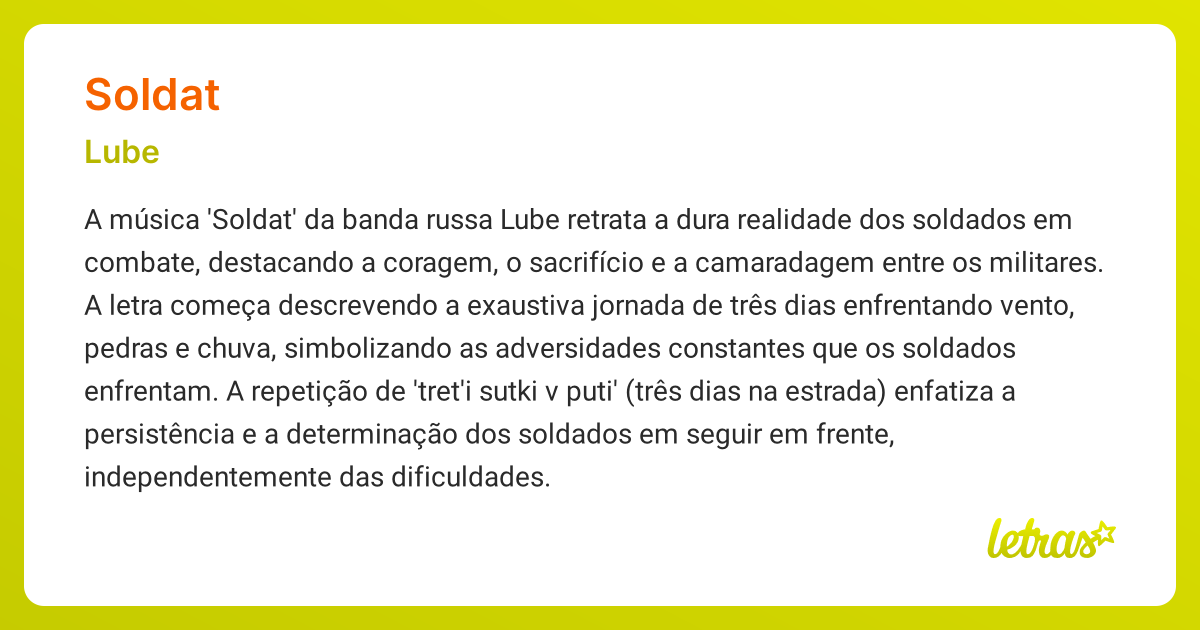 Significado da música SOLDAT (Lube) - LETRAS.MUS.BR