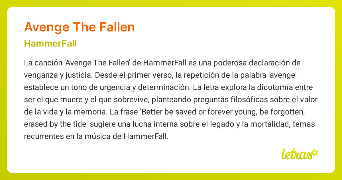 Significado de la canción AVENGE THE FALLEN (HammerFall) - LETRAS.COM