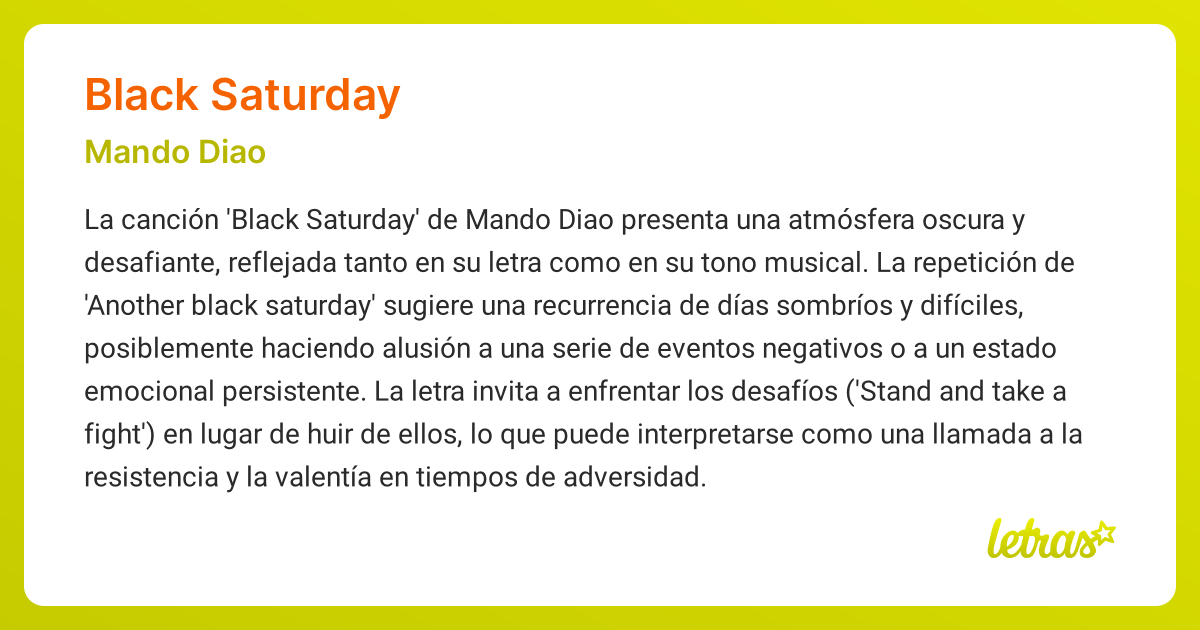 Significado de la canción BLACK SATURDAY (Mando Diao) - LETRAS.COM
