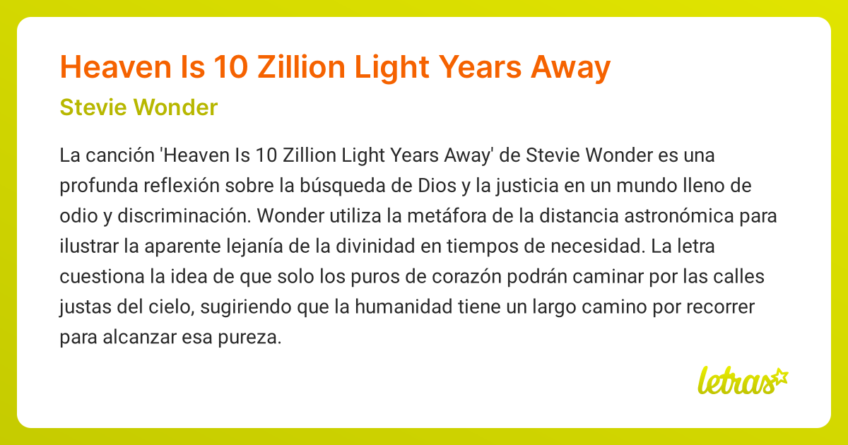 Significado de la canción Heaven Is 10 Zillion Light Years Away (Stevie ...