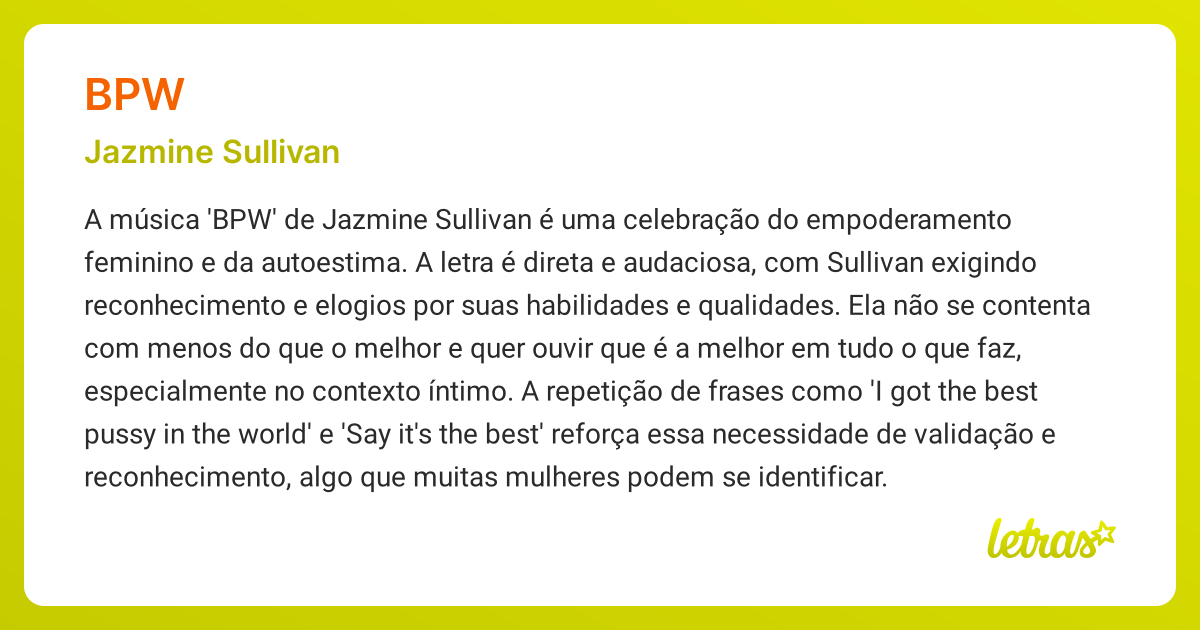 Significado da música BPW (Jazmine Sullivan) - LETRAS.MUS.BR