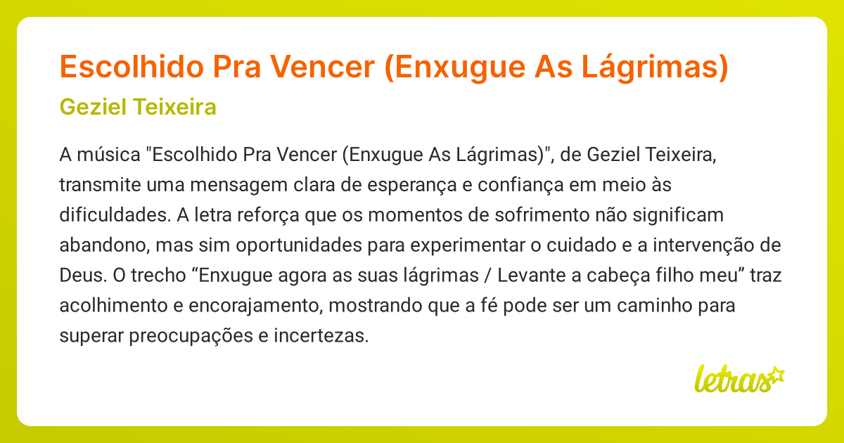 Significado da música Escolhido Pra Vencer (Enxugue As Lágrimas ...
