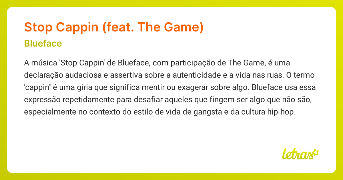 Significado da música STOP CAPPIN (FEAT. THE GAME) (Blueface) - LETRAS ...