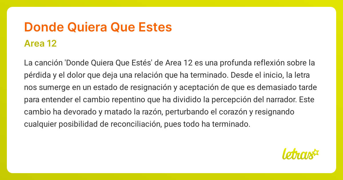 Significado de la canción DONDE QUIERA QUE ESTES (Area 12) - LETRAS.COM