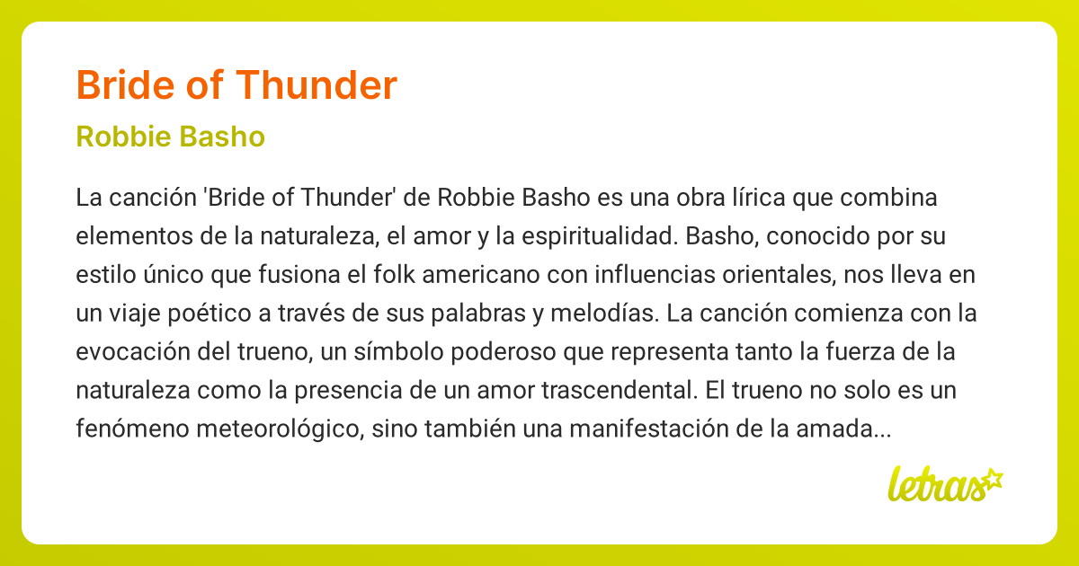 Significado de la canción BRIDE OF THUNDER (Robbie Basho) - LETRAS.COM
