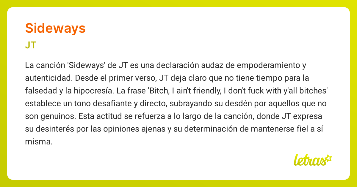 Significado de la canción SIDEWAYS (JT) - LETRAS.COM