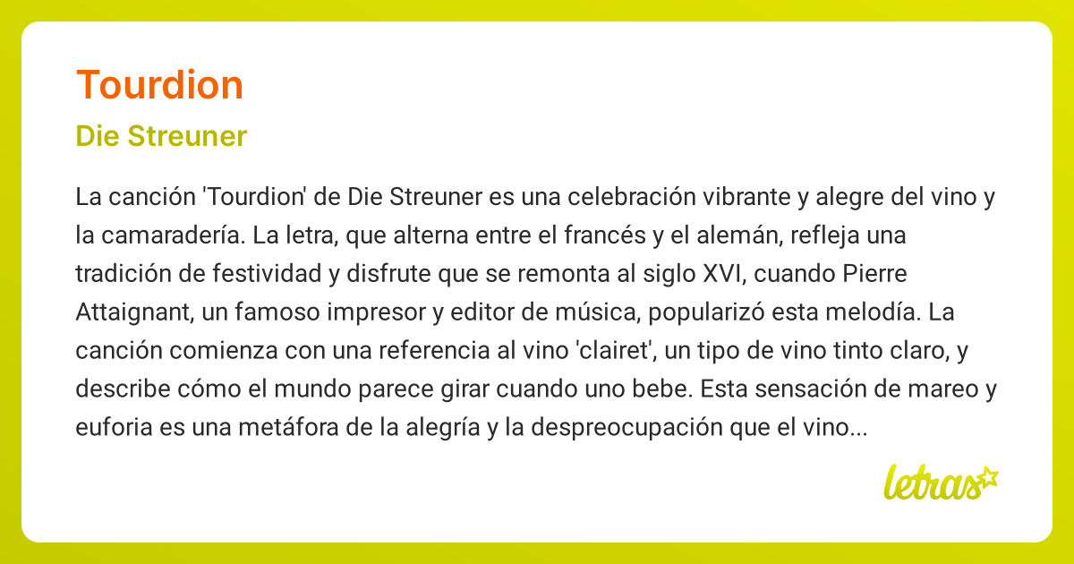 Significado de la canción TOURDION (Die Streuner) - LETRAS.COM