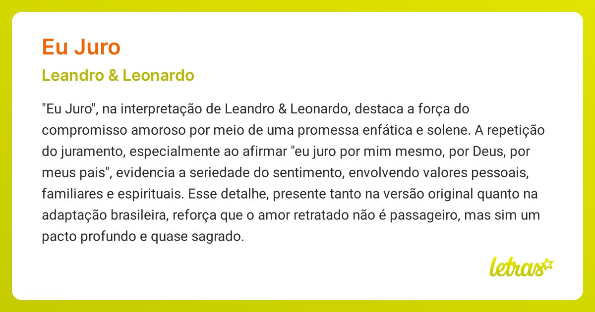 Significado da música EU JURO (Leandro & Leonardo) - LETRAS.MUS.BR