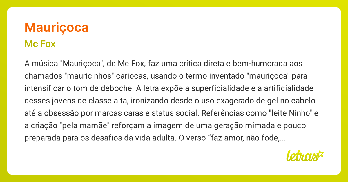 Significado da música MAURIÇOCA (Mc Fox) - LETRAS.MUS.BR