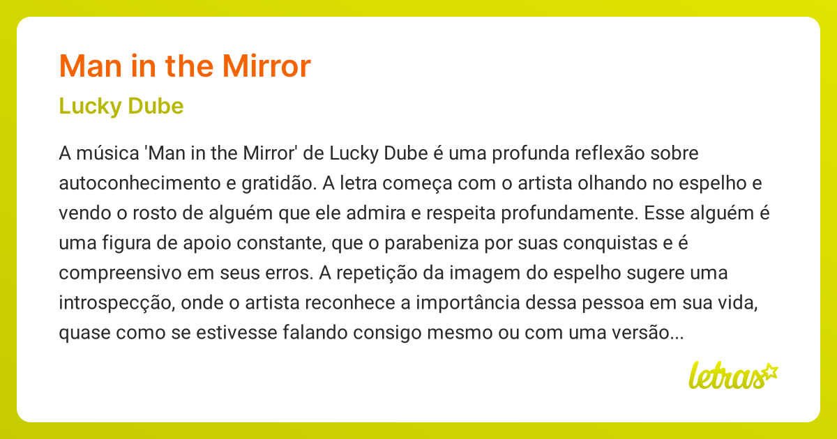Significado da música MAN IN THE MIRROR (Lucky Dube) - LETRAS.MUS.BR