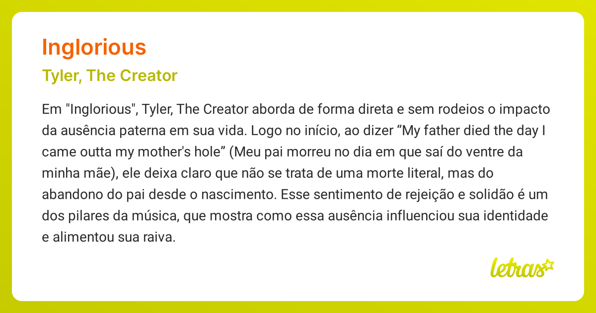 Significado da música INGLORIOUS (Tyler, The Creator) - LETRAS.MUS.BR