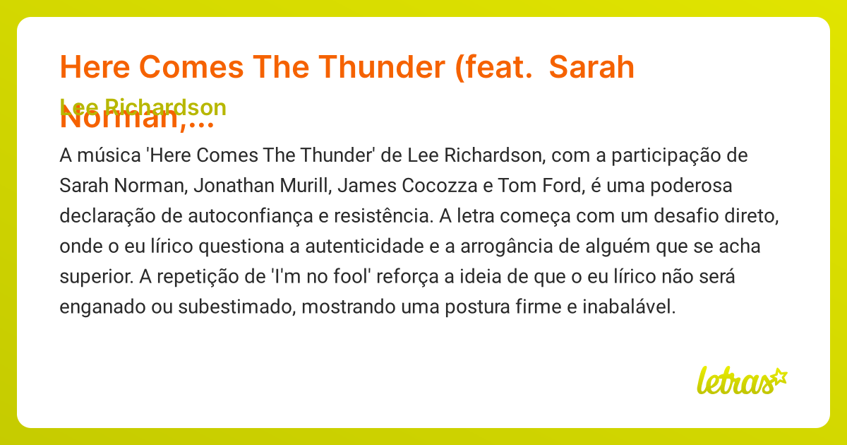 Significado da música Here Comes The Thunder (feat. Sarah Norman ...