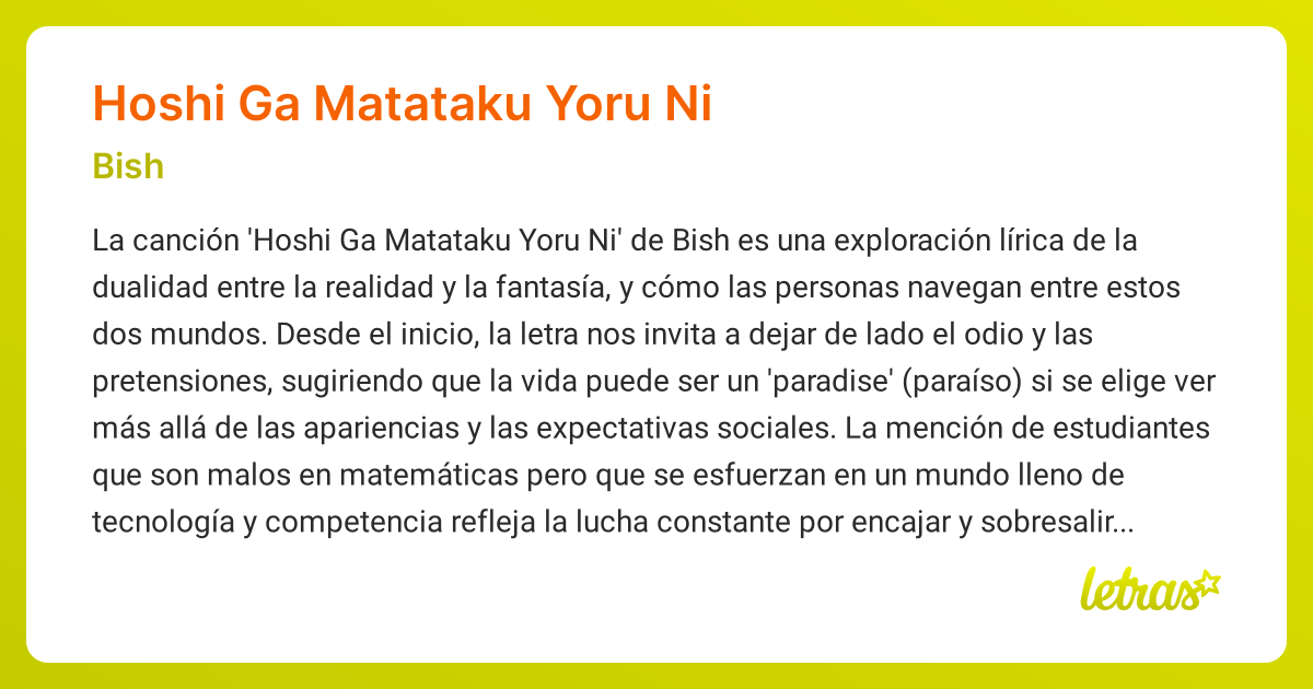 Significado de la canción HOSHI GA MATATAKU YORU NI (Bish) - LETRAS.COM