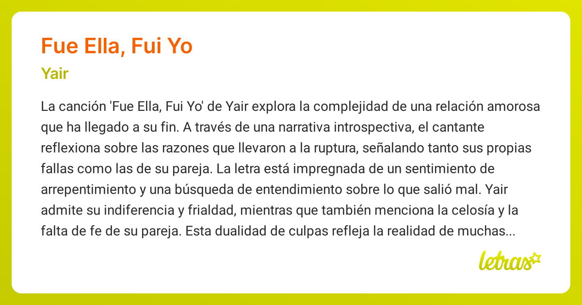 Significado de la canción FUE ELLA, FUI YO (Yair) - LETRAS.COM
