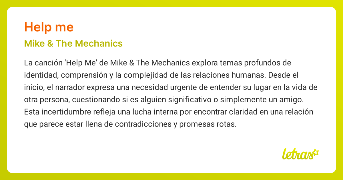 Significado de la canción HELP ME (Mike & The Mechanics) - LETRAS.COM