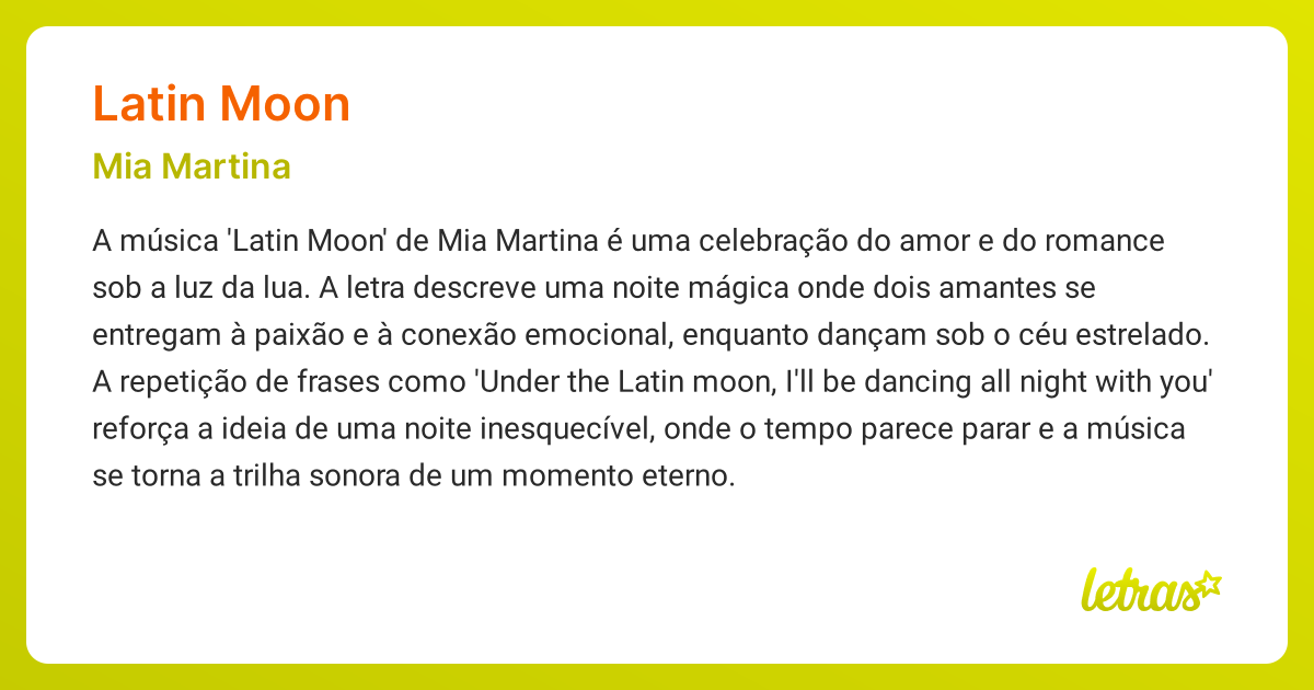Significado da música LATIN MOON (Mia Martina) - LETRAS.MUS.BR