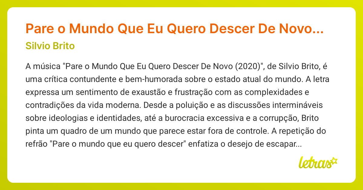 Significado da música Pare o Mundo Que Eu Quero Descer De Novo (2020 ...