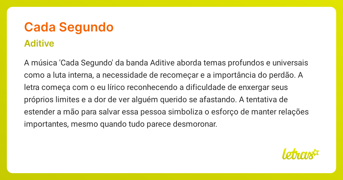 Significado da música CADA SEGUNDO (Aditive) - LETRAS.MUS.BR
