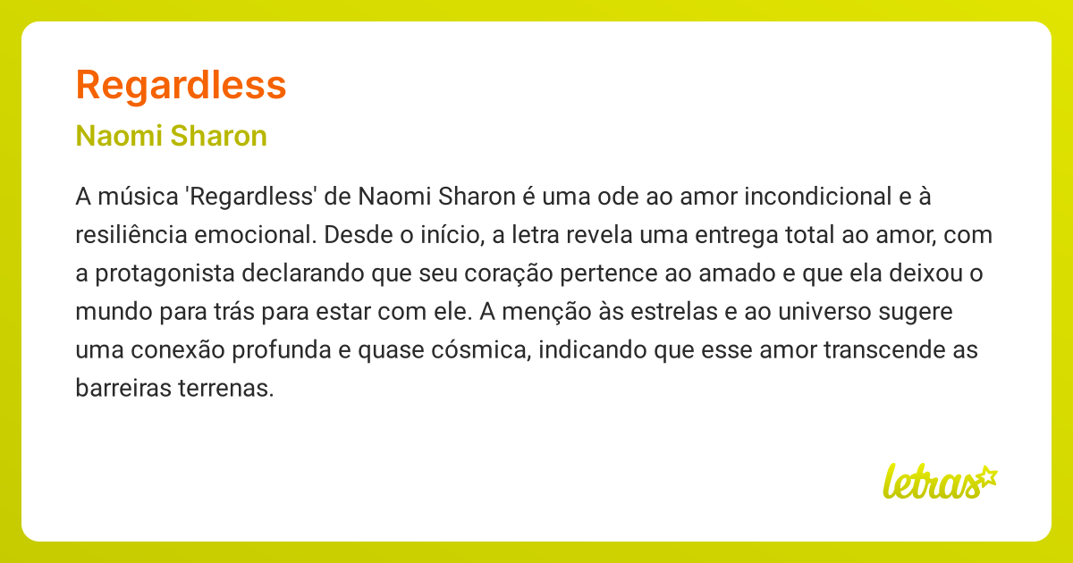 Significado da música REGARDLESS (Naomi Sharon) - LETRAS.MUS.BR