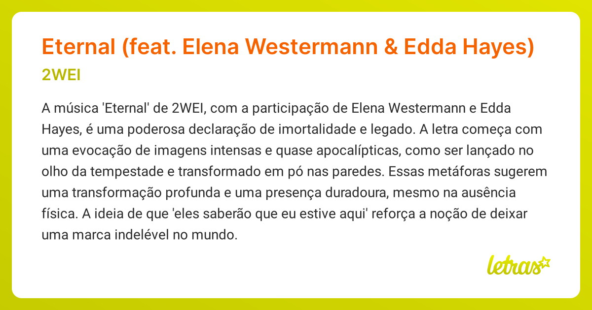 Significado da música Eternal (feat. Elena Westermann & Edda Hayes ...