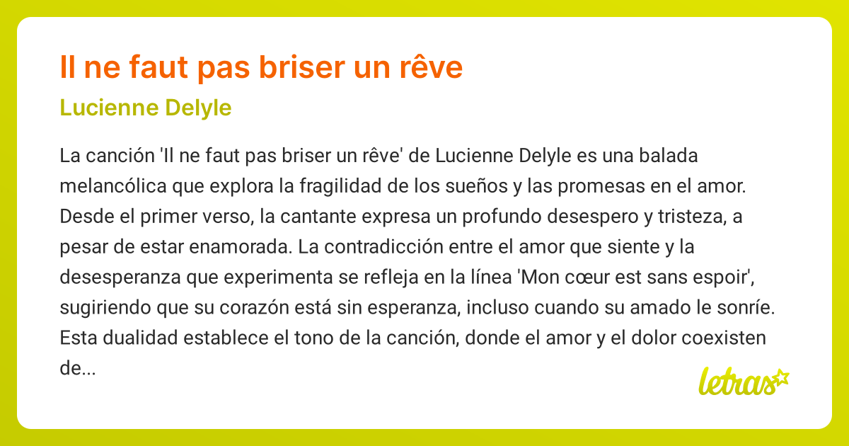 Significado de la canción IL NE FAUT PAS BRISER UN RÊVE (Lucienne ...
