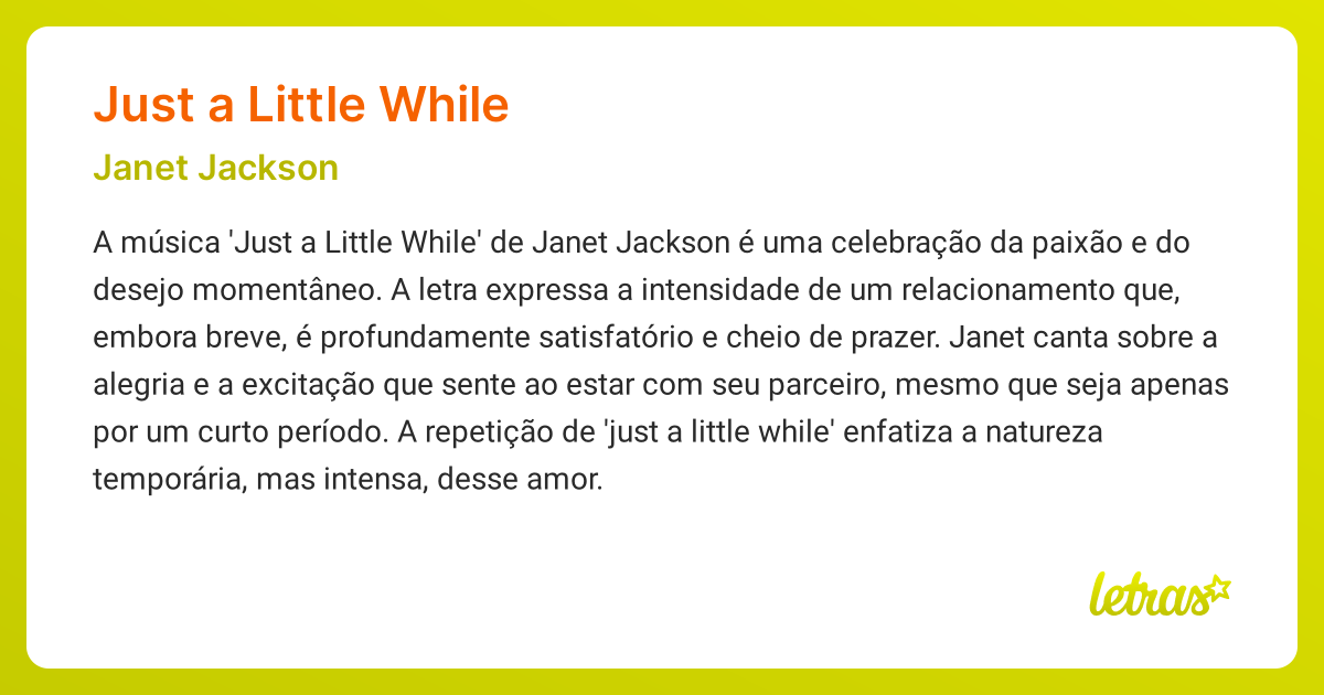 Significado da música JUST A LITTLE WHILE (Janet Jackson) - LETRAS.MUS.BR