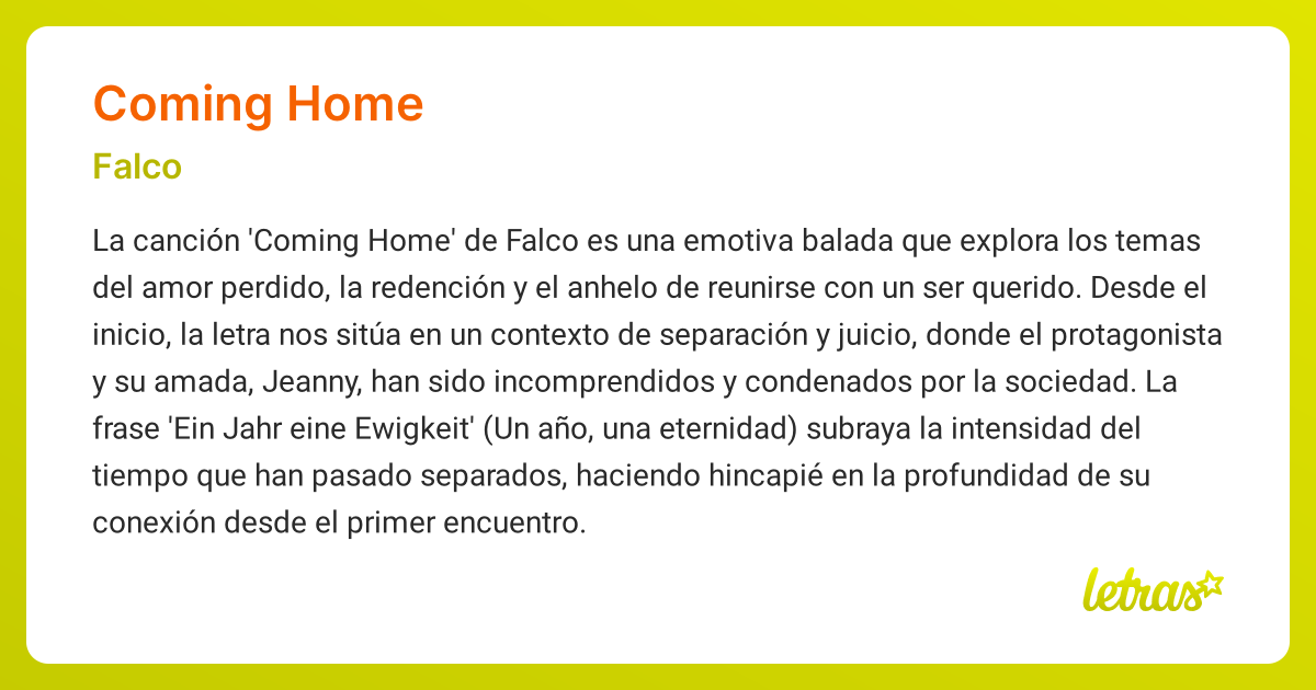 Significado de la canción COMING HOME (Falco) - LETRAS.COM
