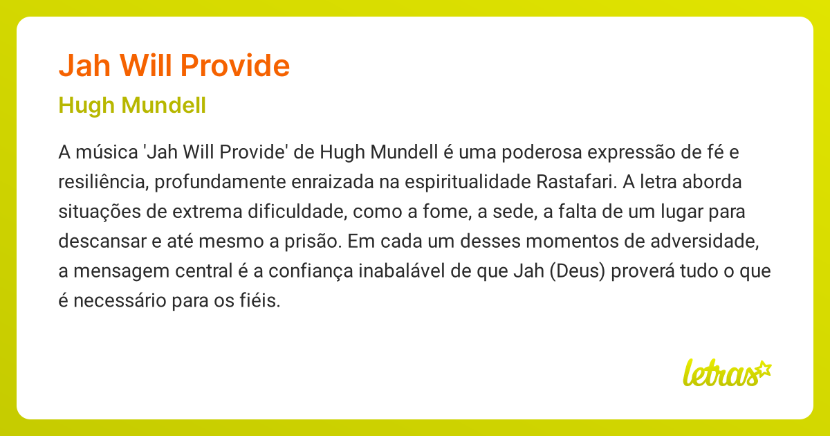 Significado da música JAH WILL PROVIDE (Hugh Mundell) - LETRAS.MUS.BR