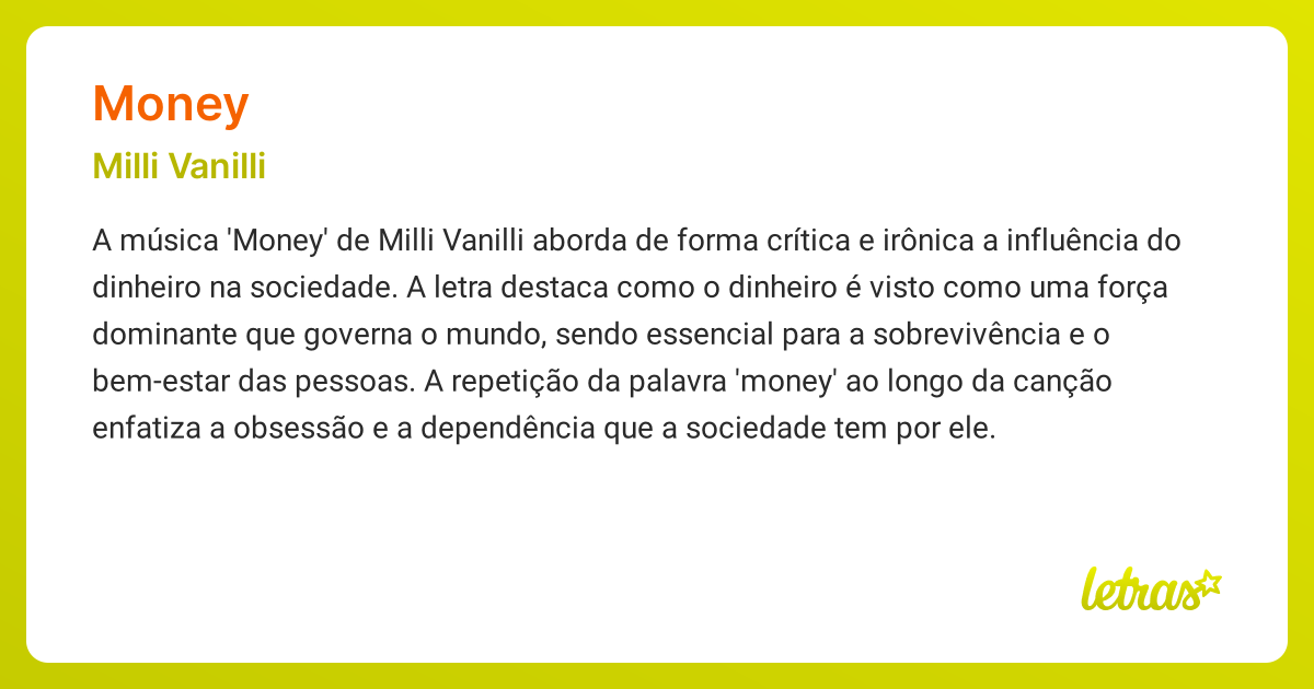 Significado da música MONEY (Milli Vanilli) - LETRAS.MUS.BR