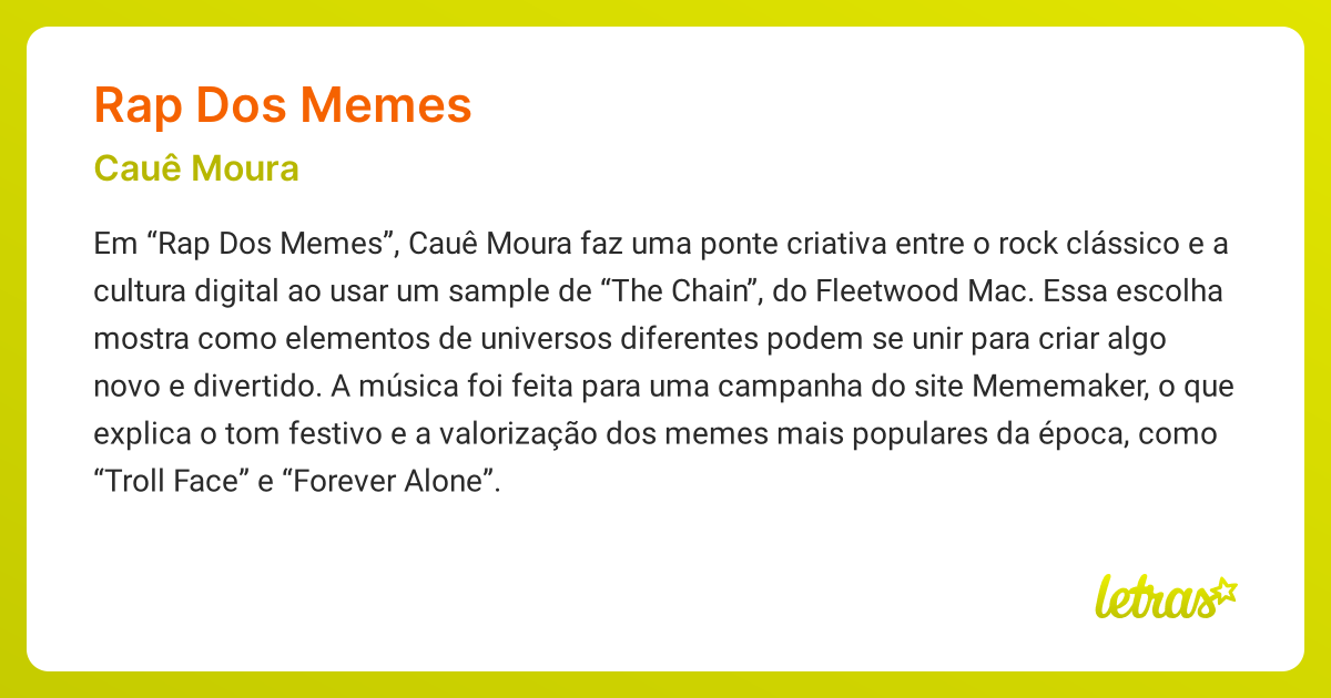 Significado da música RAP DOS MEMES (Cauê Moura) - LETRAS.MUS.BR