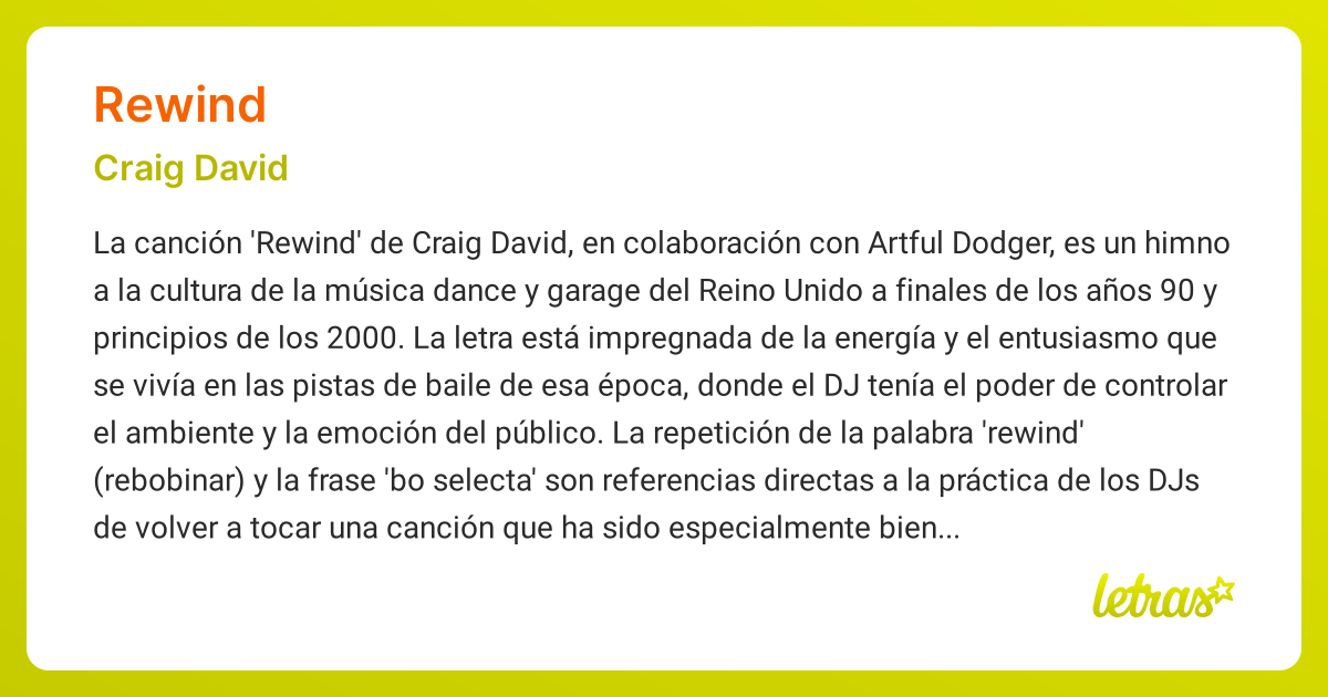 Significado de la canción REWIND (Craig David) - LETRAS.COM