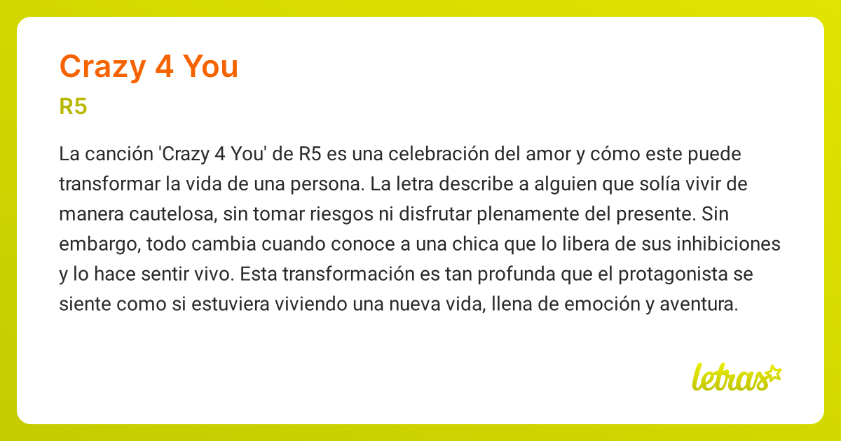 Significado de la canción CRAZY 4 YOU (R5) - LETRAS.COM