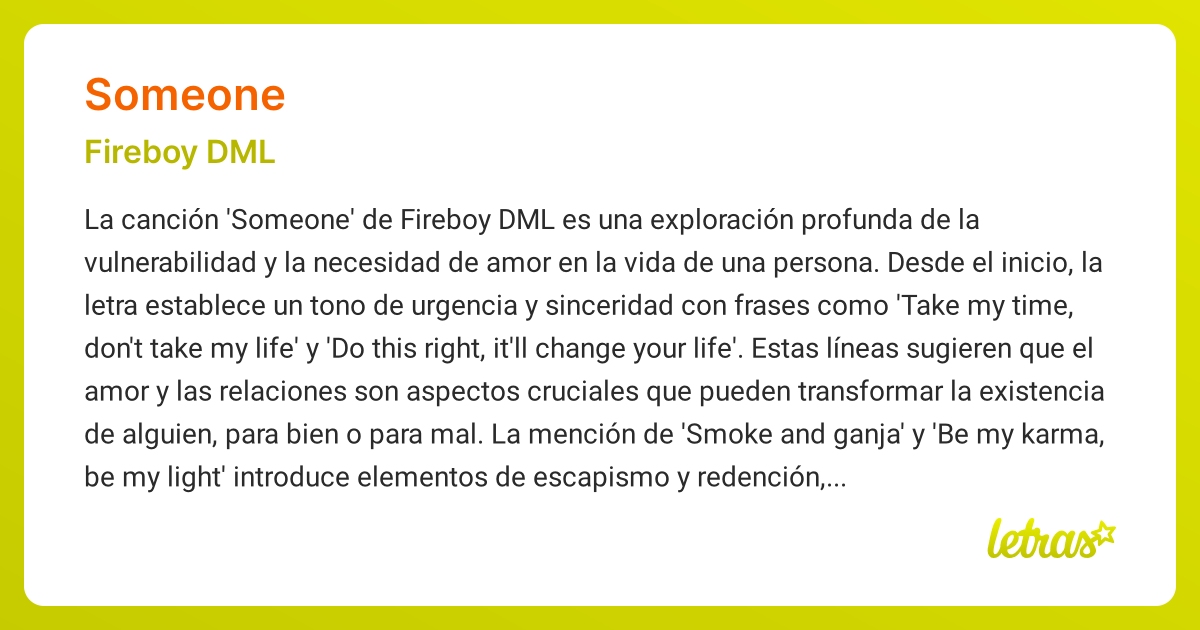 Significado de la canción SOMEONE (Fireboy DML) - LETRAS.COM