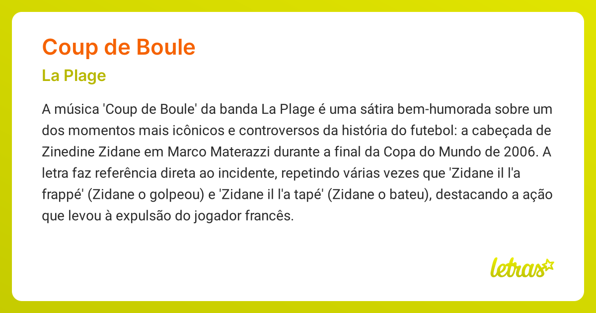 Significado da música COUP DE BOULE (La Plage) - LETRAS.MUS.BR