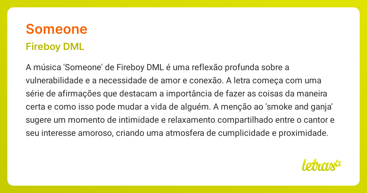Significado da música SOMEONE (Fireboy DML) - LETRAS.MUS.BR