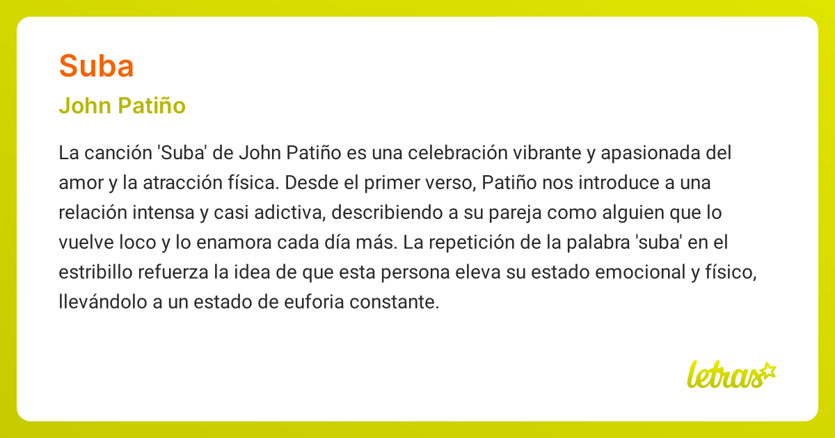 Significado de la canción SUBA (John Patiño) - LETRAS.COM