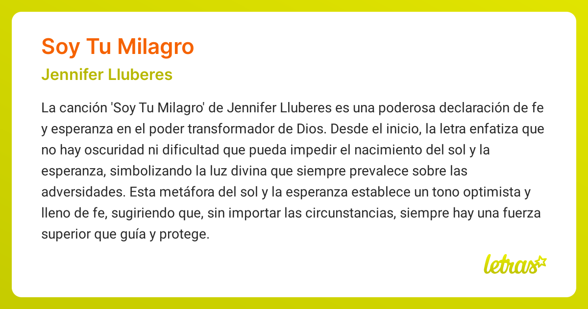 Significado de la canción SOY TU MILAGRO (Jennifer Lluberes) - LETRAS.COM